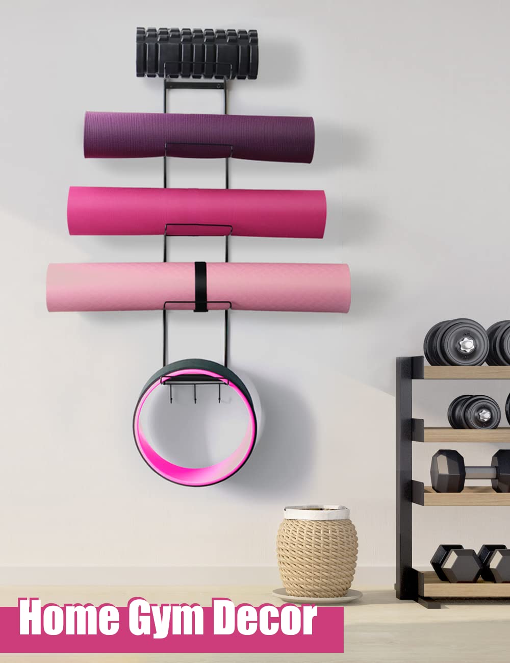 5-Tiers Yoga Mat Holder Wall Mount, Metal Storage Rack for Yoga Mat/Wheels, Foam Roller and Block, Wall Yoga Mat Rack with 3-Hooks for Hanging Stretching Strap, Resistance Bands, Yoga Accessories