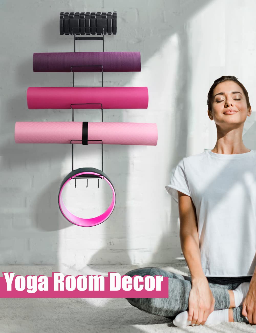 5-Tiers Yoga Mat Holder Wall Mount, Metal Storage Rack for Yoga Mat/Wheels, Foam Roller and Block, Wall Yoga Mat Rack with 3-Hooks for Hanging Stretching Strap, Resistance Bands, Yoga Accessories