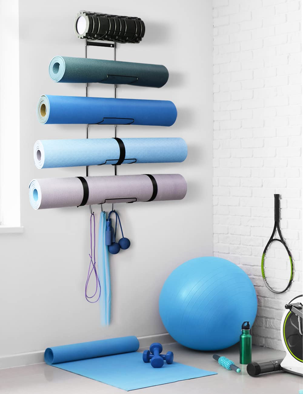 5-Tiers Yoga Mat Holder Wall Mount, Metal Storage Rack for Yoga Mat/Wheels, Foam Roller and Block, Wall Yoga Mat Rack with 3-Hooks for Hanging Stretching Strap, Resistance Bands, Yoga Accessories