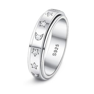 musecloud fidget ring 925 sterling silver spinner ring moon star anxiety ring for women white gold plated 6mm fidget band stress relief anti anxiety jewelry (silver, 10)