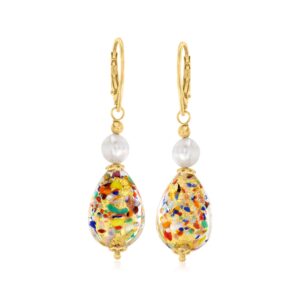 ross-simons italian multicolored murano glass bead drop earrings with 7-7.5mm cultured pearls in 18kt gold over sterling