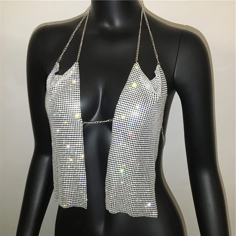 Women Sexy Glitter Rhinestone Halter Crop Tank Tops Sparkly Deep V Neck Backless Body Jewelry Chain for Rave Party Club