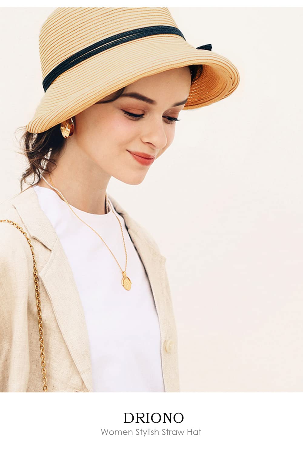 DRIONO Straw Hat - Women Style Fashion Summer Cloche Beach Fedora Trilby Hat Panama Sun Hat (Beige)