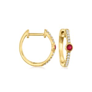 rs pure by ross-simons ruby and diamond-accented huggie hoop earrings in 14kt yellow gold