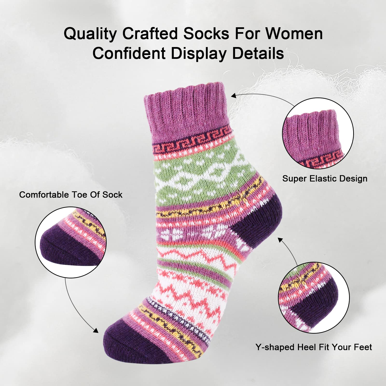 YANGYANG Wool Socks for Women, 5 Pairs Winter Warm Thick Crew Knit Socks Vintage Cozy Soft Cute Nordic Cabin Gifts