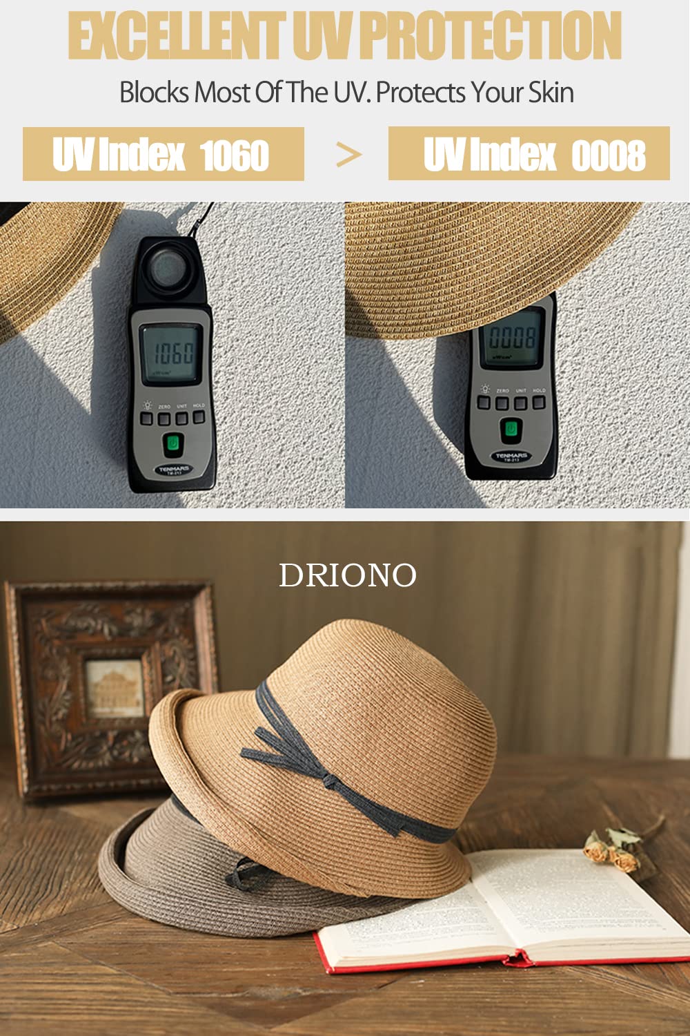 DRIONO Straw Hat - Women Style Fashion Summer Cloche Beach Fedora Trilby Hat Panama Sun Hat (Beige)