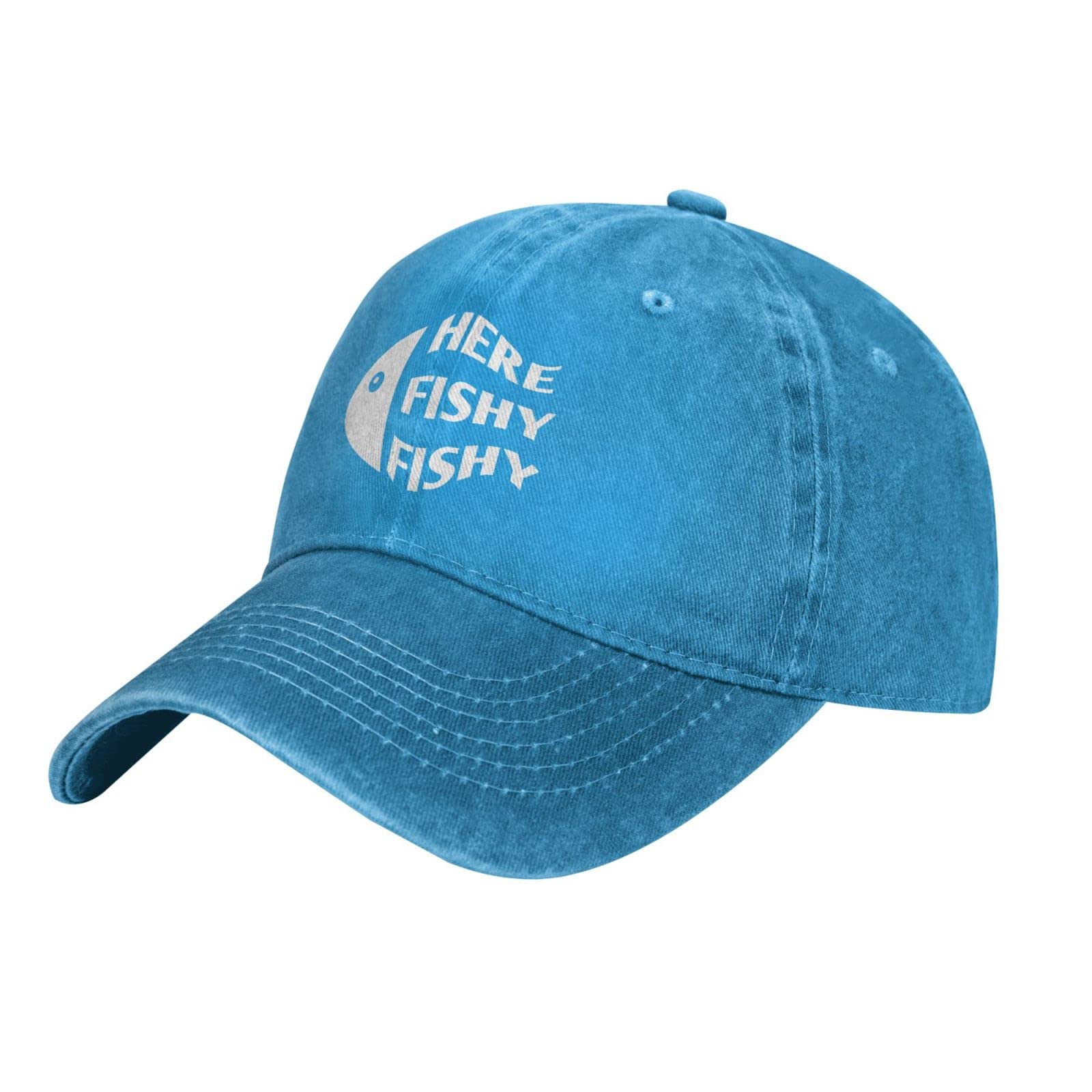 QVXHKP Funny Fishing Hat Here Fishy Fishy Fishy Hat for Men Baseball Caps Cute Hats Blue