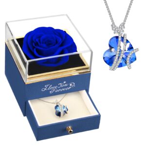 newnove preserved blue real rose with butterfly necklace, gifts for women, wife, mom and girlfriend on christmas, anniversary birthday flower gifts for women