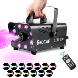 upgraded smoke machine fog machine, 2000cfm fog 8 led and 13 colors lights timing remote control auto spray, 500w professional stage fogger for christmas halloween party dj show wedding indoor outdoor