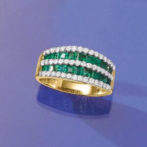 Ross-Simons 1.50 ct. t.w. Emerald and .73 ct. t.w. Diamond Multi-Row Dome Ring in 14kt Yellow Gold. Size 8