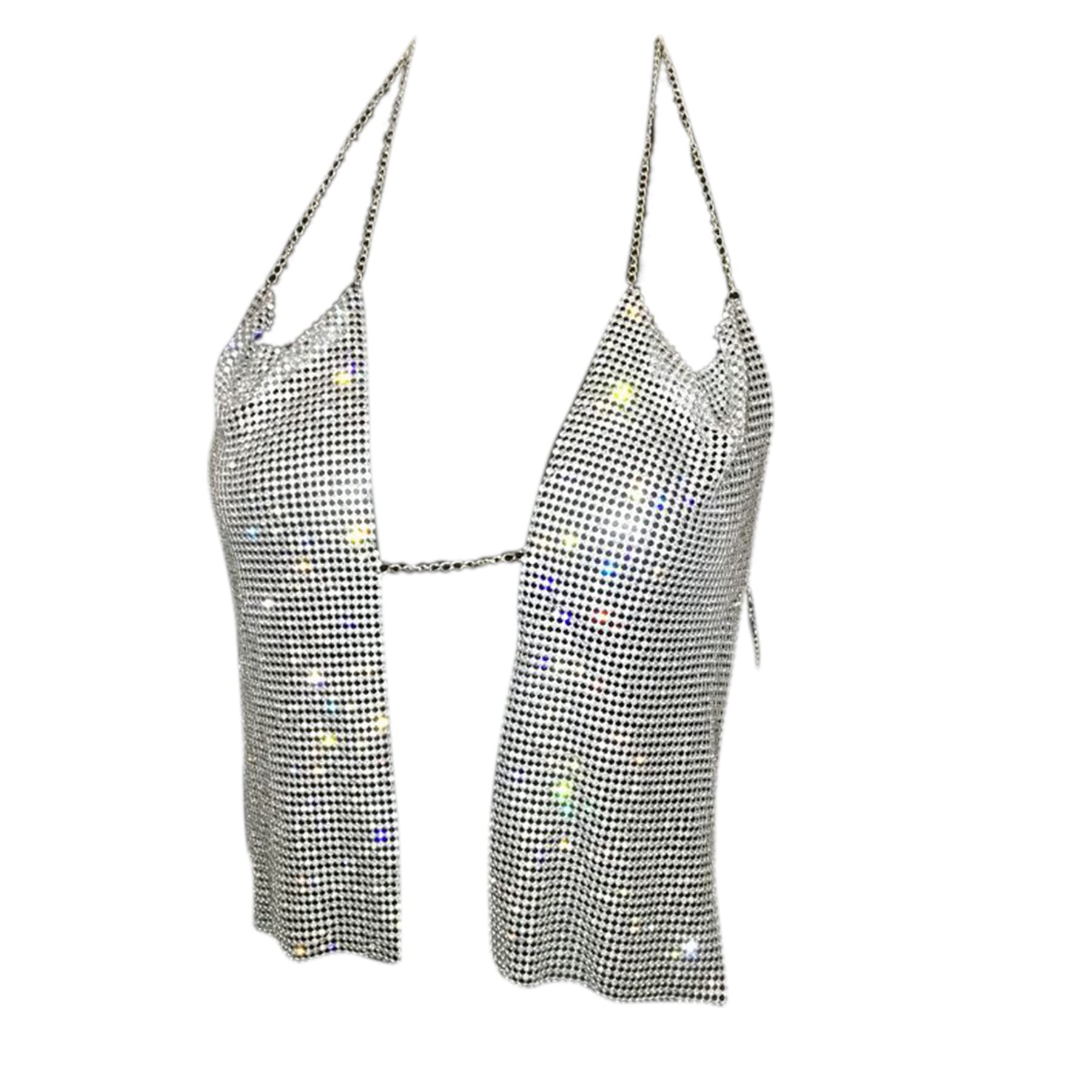 Women Sexy Glitter Rhinestone Halter Crop Tank Tops Sparkly Deep V Neck Backless Body Jewelry Chain for Rave Party Club