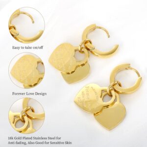 Heart Dangle Hoop Earrings for Women, Christmas Gift for her, 18k Gold Plated Dainty Small Post Huggie Drop Earrings