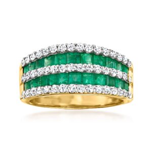 ross-simons 1.50 ct. t.w. emerald and .73 ct. t.w. diamond multi-row dome ring in 14kt yellow gold. size 8