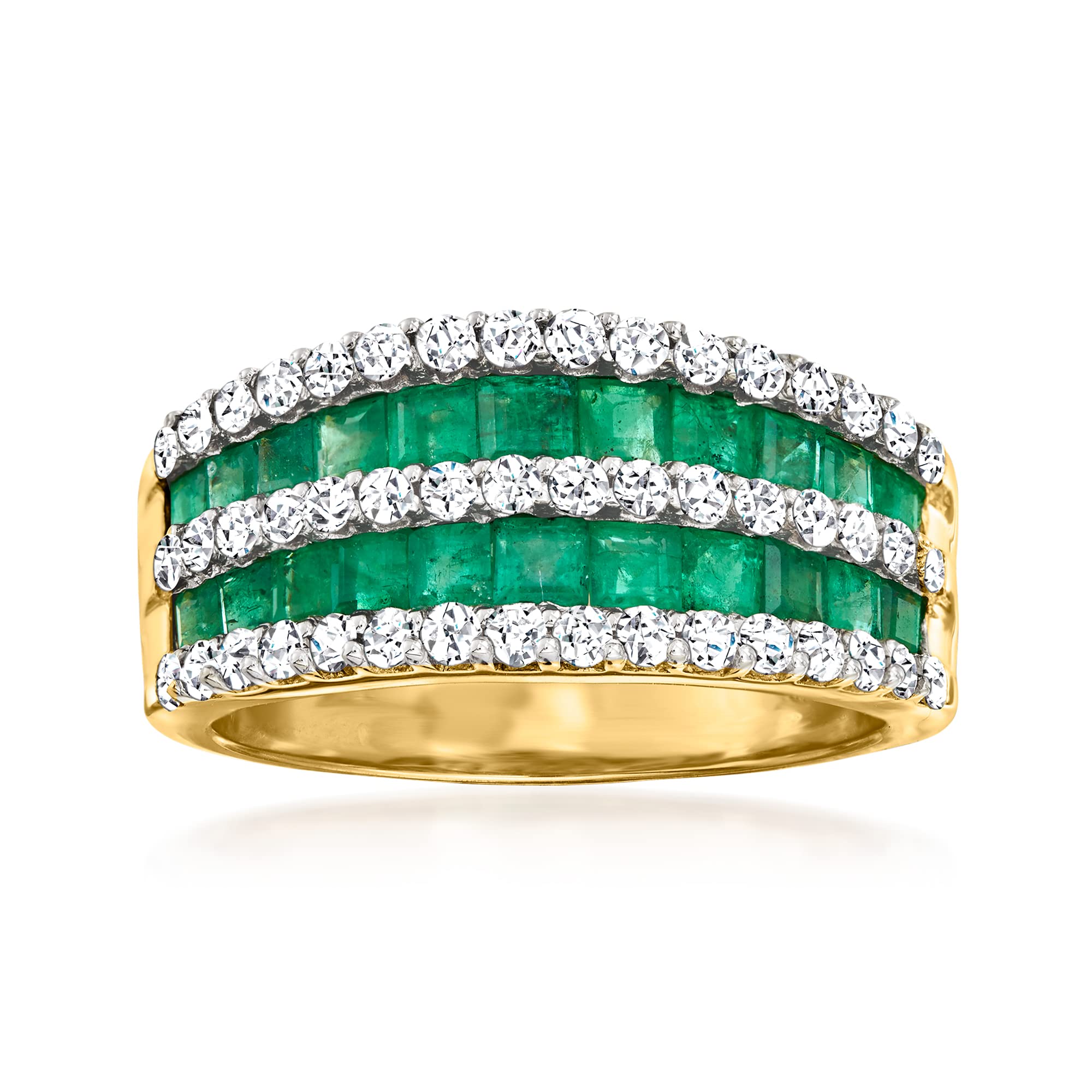 Ross-Simons 1.50 ct. t.w. Emerald and .73 ct. t.w. Diamond Multi-Row Dome Ring in 14kt Yellow Gold. Size 8