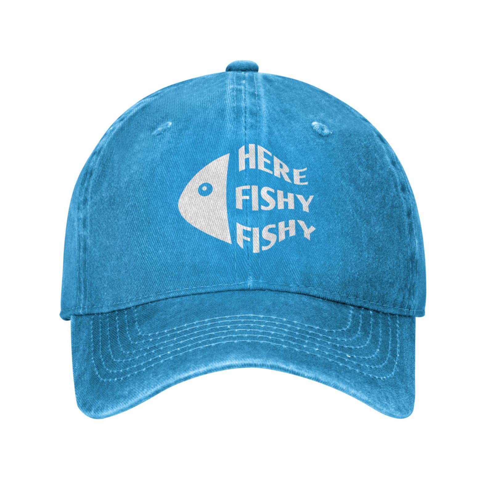 QVXHKP Funny Fishing Hat Here Fishy Fishy Fishy Hat for Men Baseball Caps Cute Hats Blue