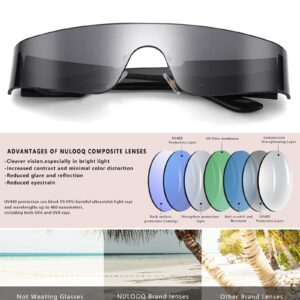 NULOOQ Y2K Rimless Futuristic Wrap Around Sunglasses Women Men, Trendy Cyberpunk Visor Sunglasses Monoblock Cyclops Shades (Black/Gray + Silver/Silver Mirrored) - 2 Pack