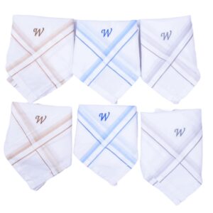 ANTONIA Personalized Handkerchief Cotton for Men with Embroidered W Initials Alphabets for Wedding, Gift, and Formal Occasions (Pack of 6) Multi Color