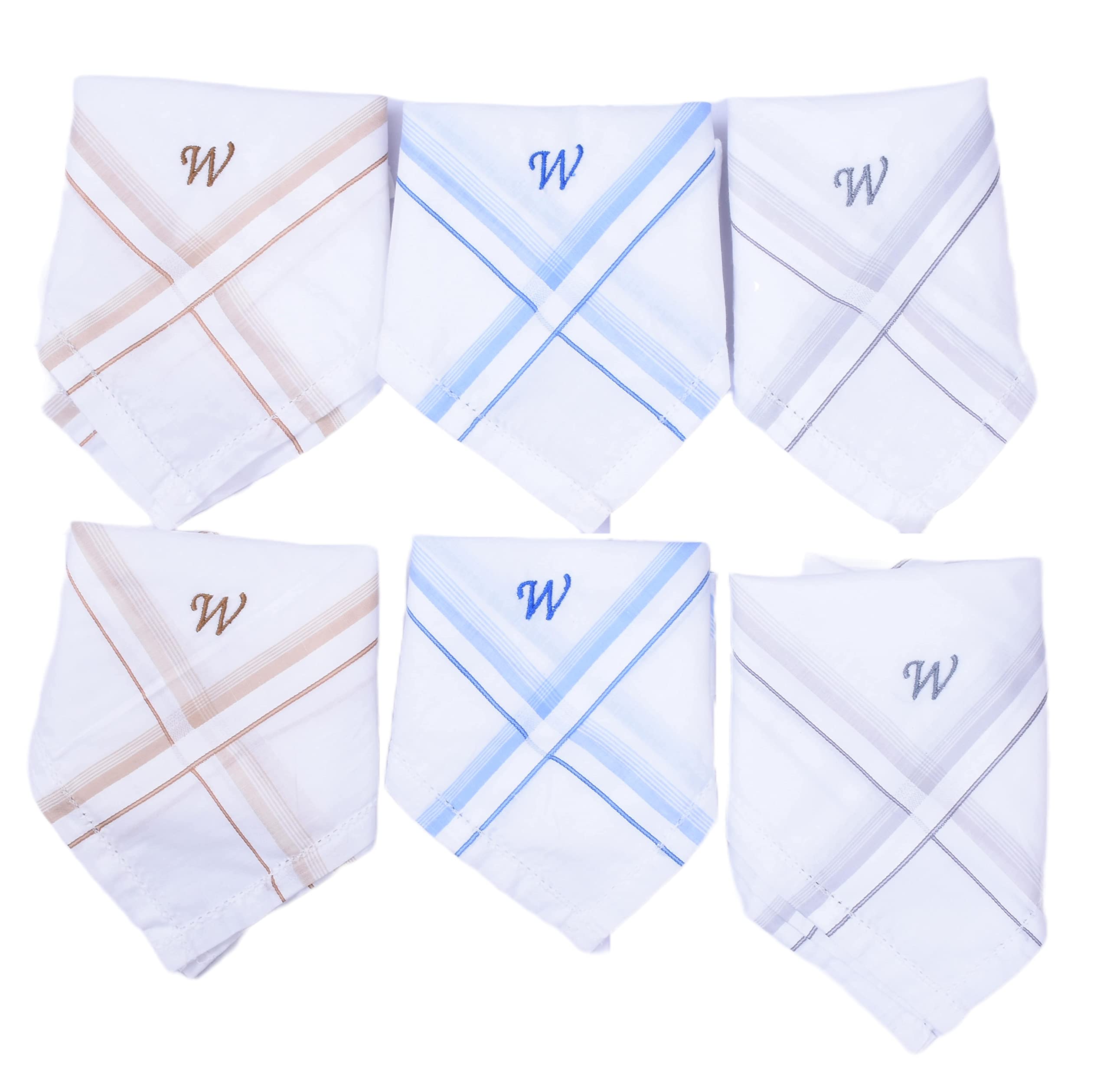 ANTONIA Personalized Handkerchief Cotton for Men with Embroidered W Initials Alphabets for Wedding, Gift, and Formal Occasions (Pack of 6) Multi Color