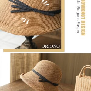 DRIONO Straw Hat - Women Style Fashion Summer Cloche Beach Fedora Trilby Hat Panama Sun Hat (Beige)