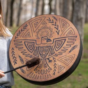 Firlar Shaman Drum, 10 Inch Shaman Bird Pattern Handmade Shaman Drum With Drum Stick, Spiritual Instrument, Exquisite Look, Siberian Drum Spirit Music Symbol, Sound Healer Shaman Drum Brown