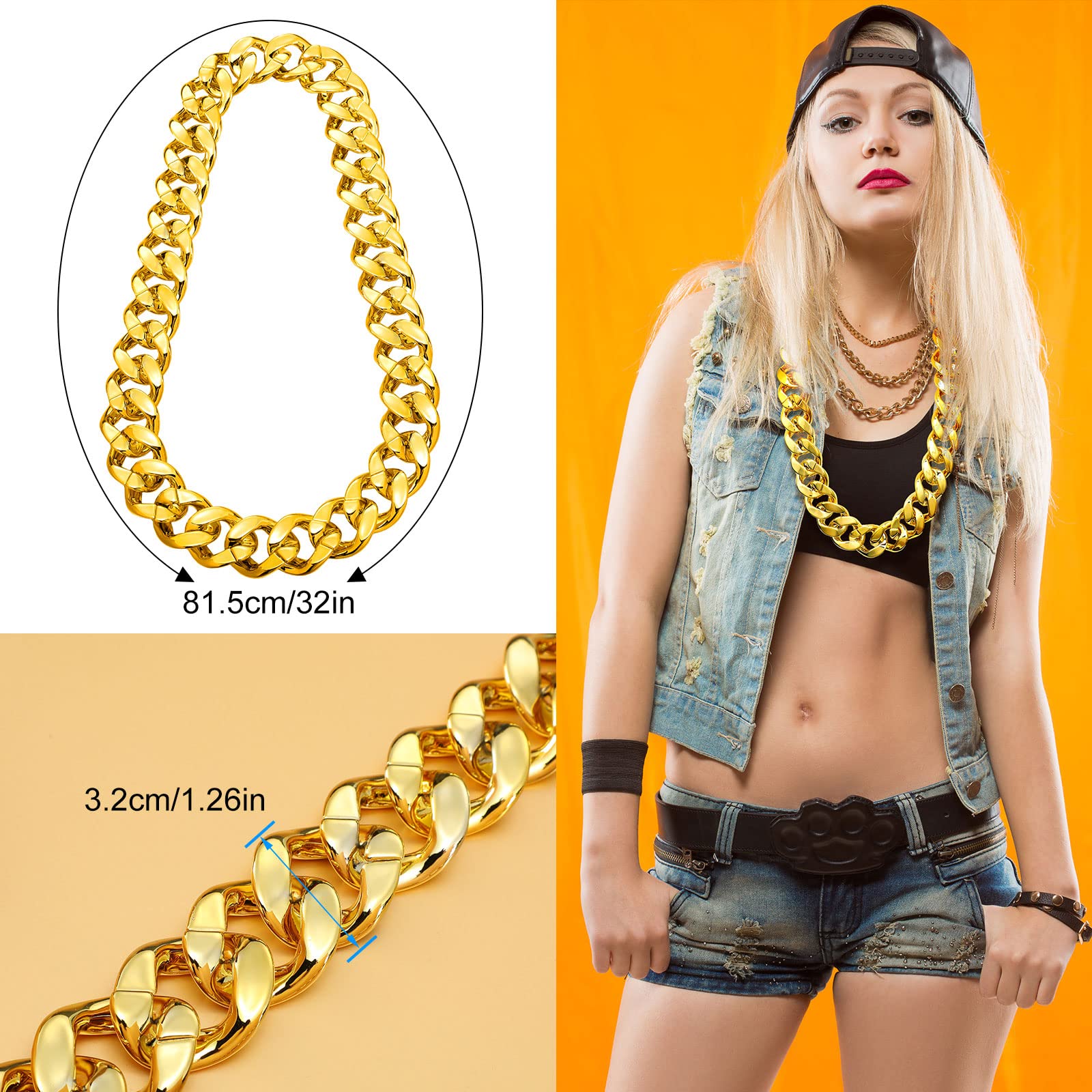 Jexine 12 Pcs Costume Rapper Chain, Hip Hop Chain Bulk Fake Necklace for Men Women 80s 90s Jewelry Punk Style, 32 Inch(Gold)