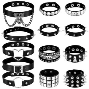 Cunno 13 Pcs Halloween Cool Steampunk Leather Choker Rock Gothic Necklace Bracelets Set Punk Spike Rivet Cuff Collar Chokers for Women Adjustable Girl Cosplay Night Club Party Gift(Simple Style)