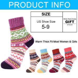 YANGYANG Wool Socks for Women, 5 Pairs Winter Warm Thick Crew Knit Socks Vintage Cozy Soft Cute Nordic Cabin Gifts