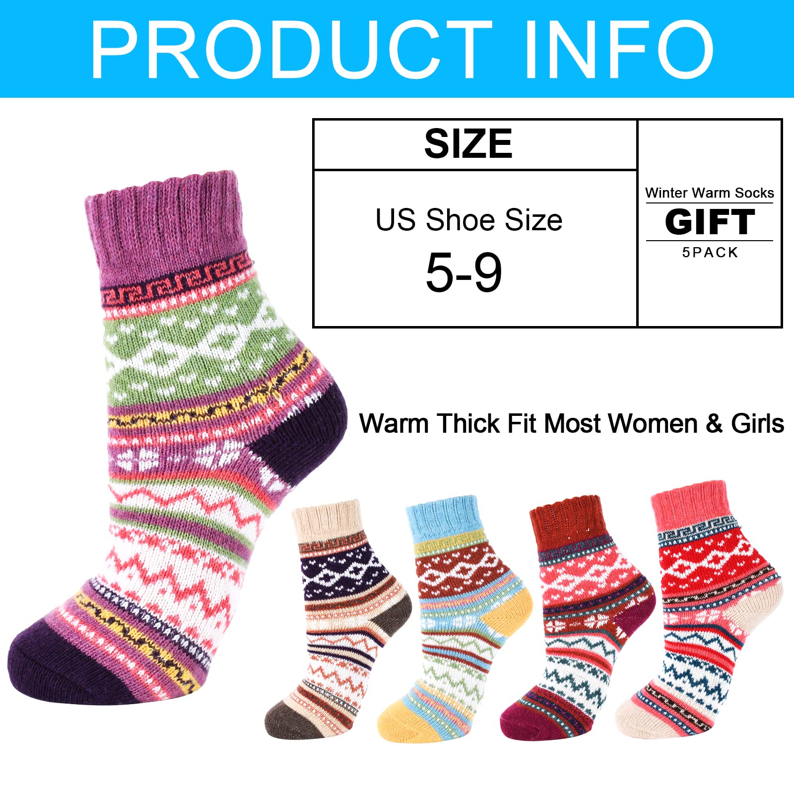 YANGYANG Wool Socks for Women, 5 Pairs Winter Warm Thick Crew Knit Socks Vintage Cozy Soft Cute Nordic Cabin Gifts