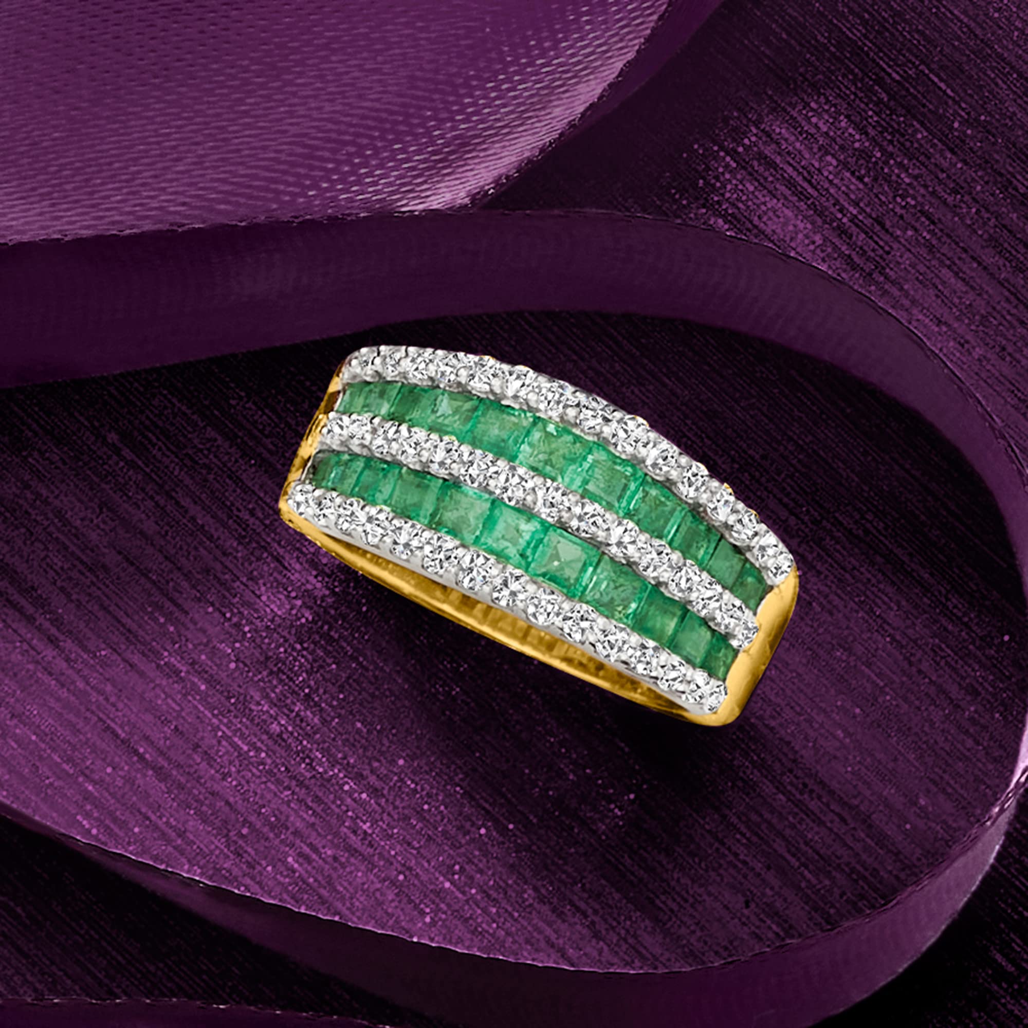 Ross-Simons 1.50 ct. t.w. Emerald and .73 ct. t.w. Diamond Multi-Row Dome Ring in 14kt Yellow Gold. Size 8