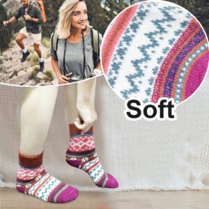 YANGYANG Wool Socks for Women, 5 Pairs Winter Warm Thick Crew Knit Socks Vintage Cozy Soft Cute Nordic Cabin Gifts