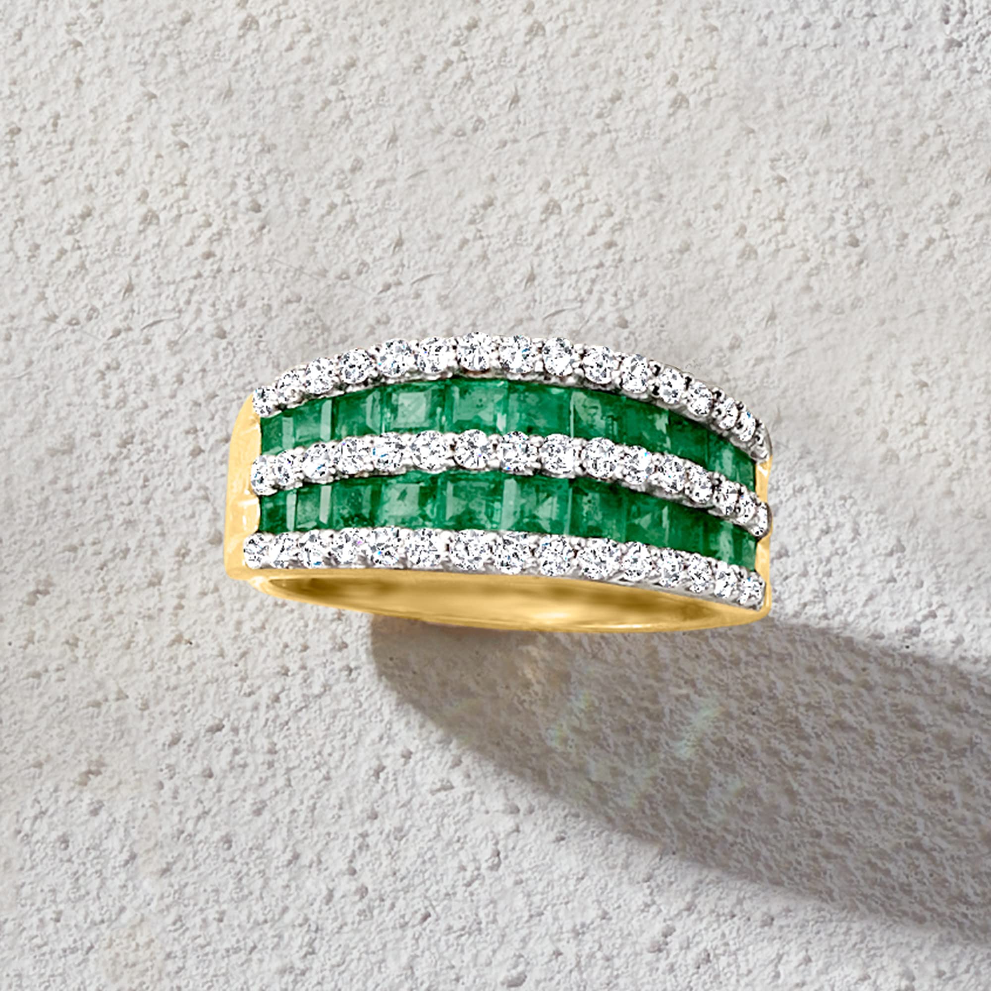 Ross-Simons 1.50 ct. t.w. Emerald and .73 ct. t.w. Diamond Multi-Row Dome Ring in 14kt Yellow Gold. Size 8