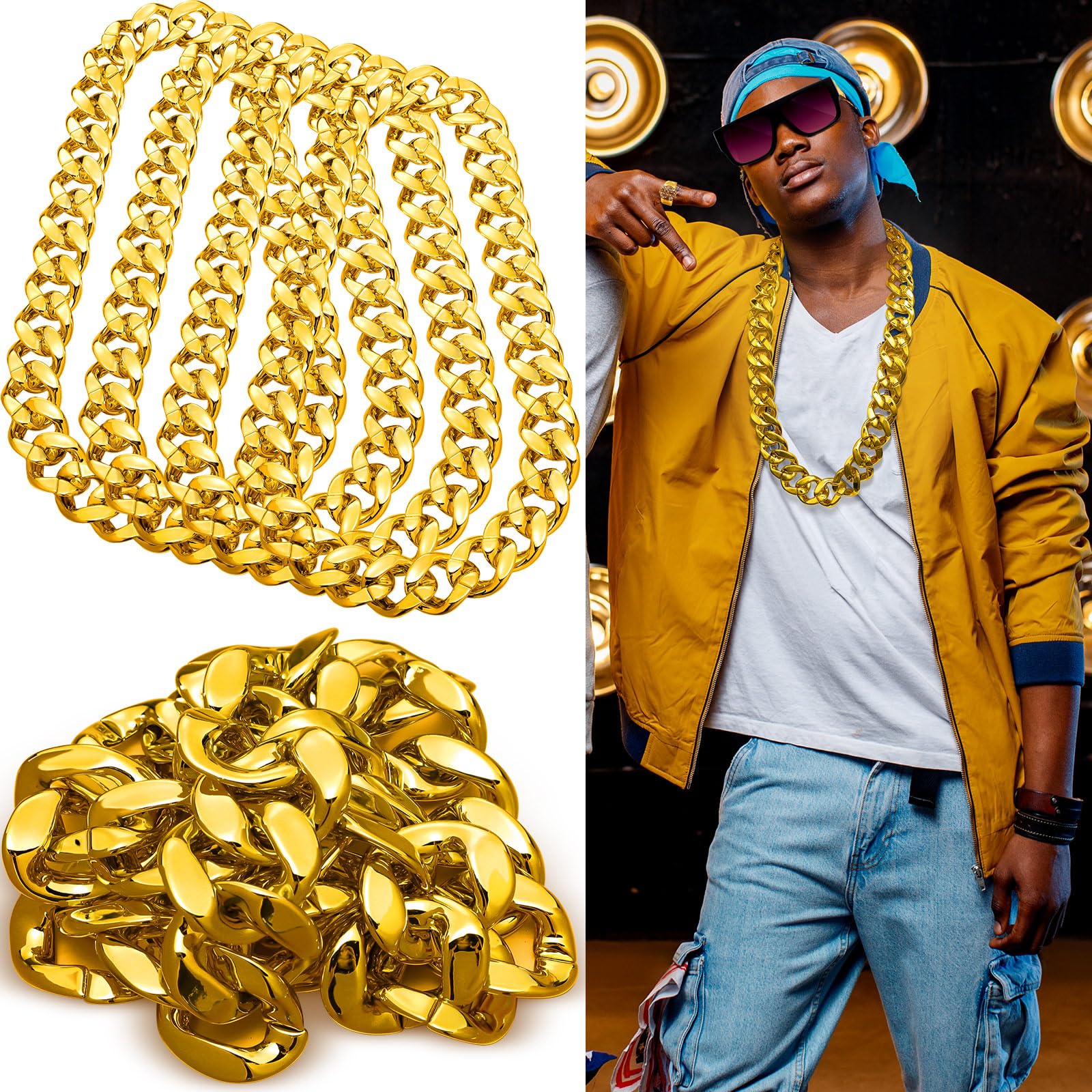 Jexine 12 Pcs Costume Rapper Chain, Hip Hop Chain Bulk Fake Necklace for Men Women 80s 90s Jewelry Punk Style, 32 Inch(Gold)