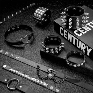 Cunno 13 Pcs Halloween Cool Steampunk Leather Choker Rock Gothic Necklace Bracelets Set Punk Spike Rivet Cuff Collar Chokers for Women Adjustable Girl Cosplay Night Club Party Gift(Simple Style)