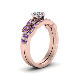 CustomizedGifts Flower Pave Diamond Wedding Ring Set rose gold plated Natural Amethyst Heart shape purple color Wedding Ring Sets bezel Setting in Size 7 Party Wear Daily Wear Ornament