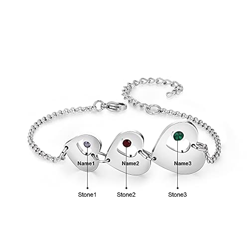 Luxladis Personalized Custom Name Heart Bracelet with 1-6 Birthstones Love Bracelet for Women Engraved Names Link Bracelets for Mother's Day Mom Girls (3 names)