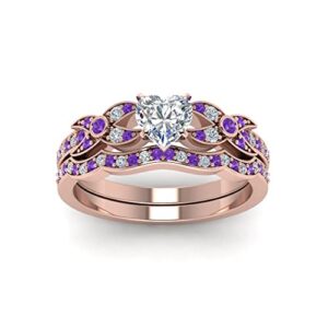 CustomizedGifts Flower Pave Diamond Wedding Ring Set rose gold plated Natural Amethyst Heart shape purple color Wedding Ring Sets bezel Setting in Size 7 Party Wear Daily Wear Ornament