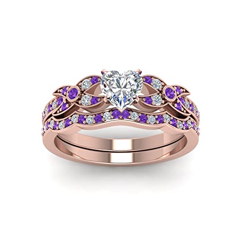 CustomizedGifts Flower Pave Diamond Wedding Ring Set rose gold plated Natural Amethyst Heart shape purple color Wedding Ring Sets bezel Setting in Size 7 Party Wear Daily Wear Ornament