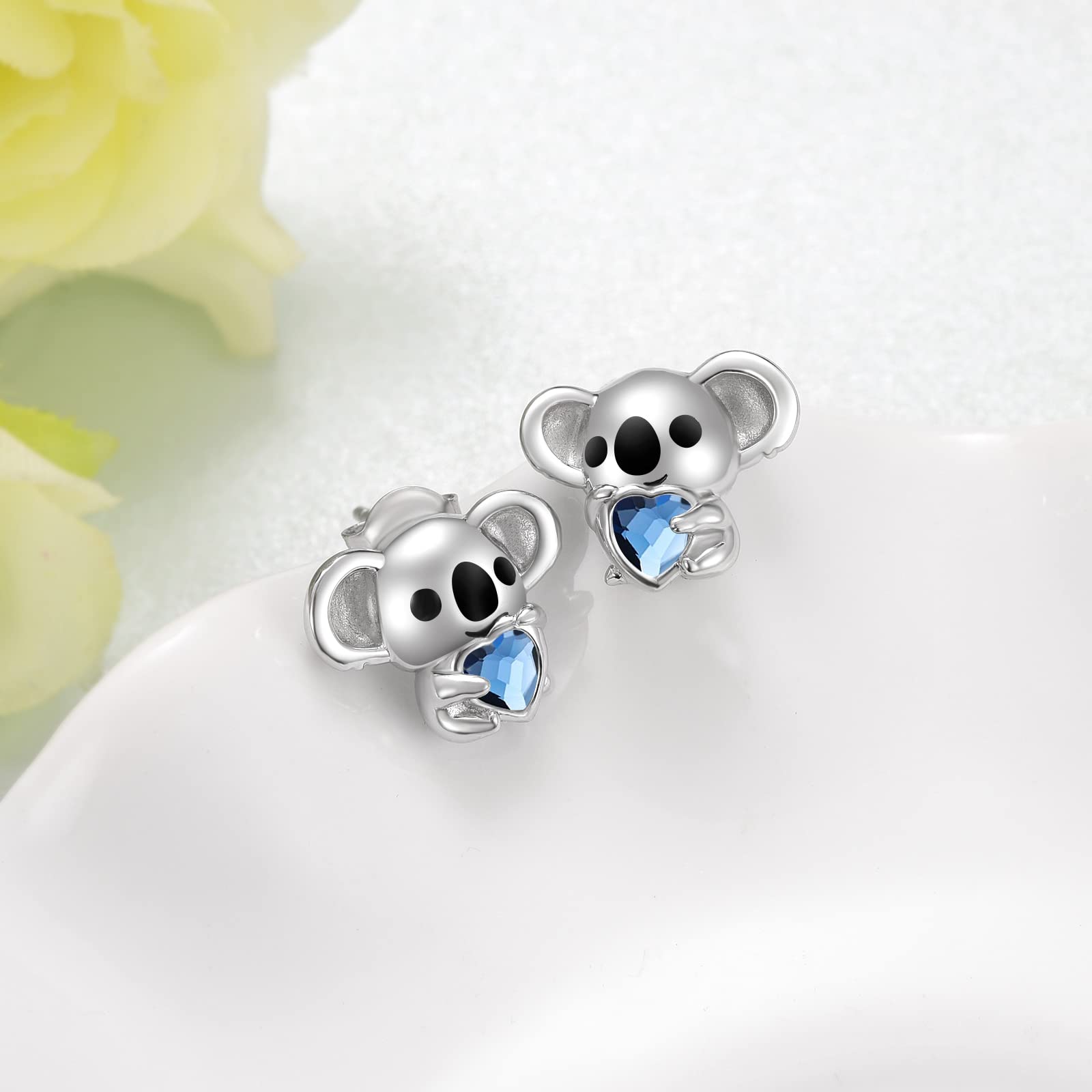 Koala Earrings 925 Sterling Silver Cute Koala Bear Heart Crystal Earrings Small Animal Stud Earrings for Women