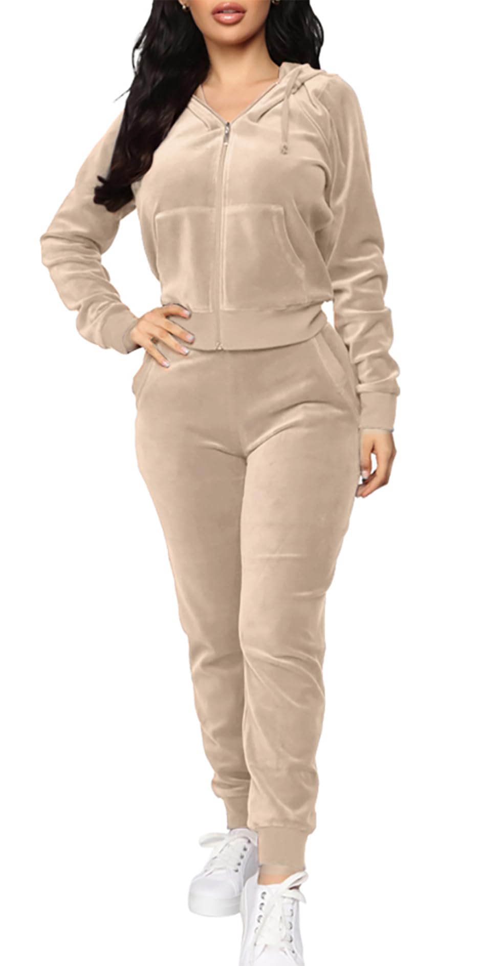 BOGURST 2 Piece Outfits for Women Tracksuit Casual Long Sleeve Jogging Sweatsuit Workout Set Khaki 2XL