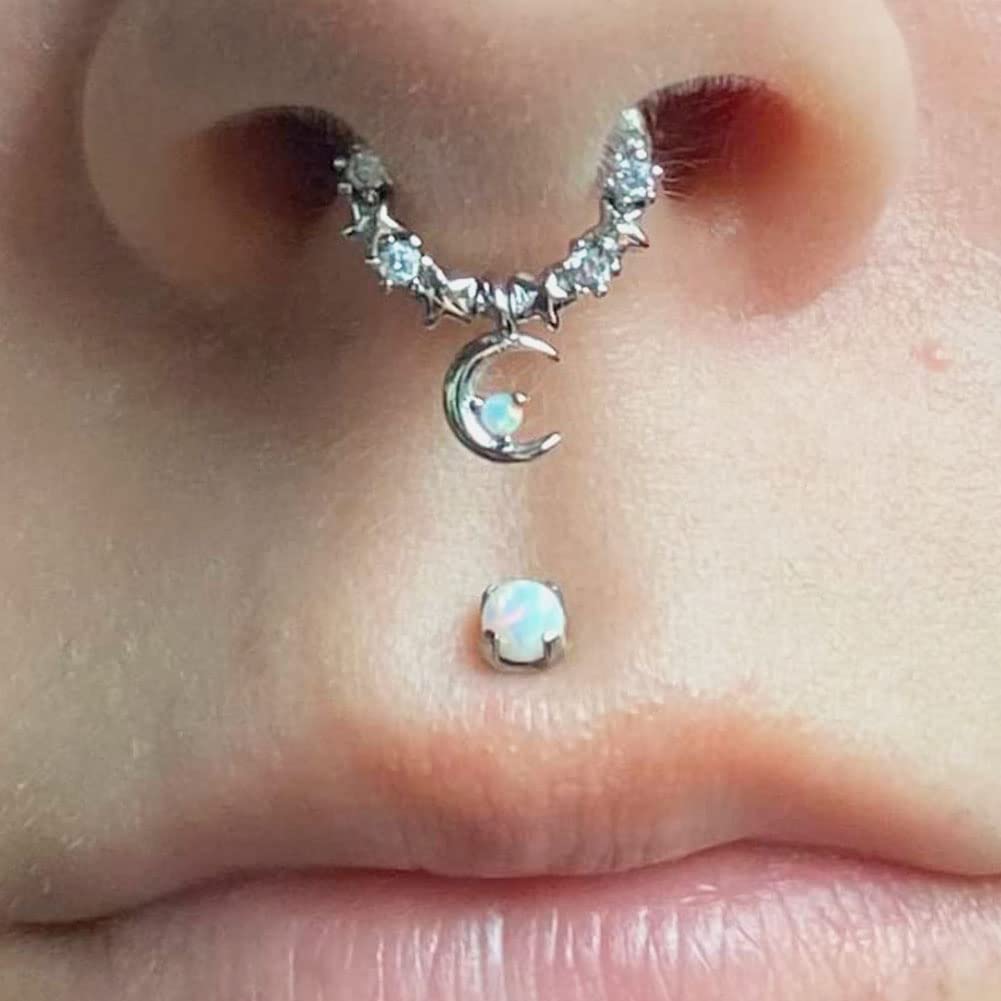 Melighting Septum Rings 16G Moon Septum Jewelry with Opal Clear CZ Surgical Steel 316L Star Helix Earring Dangle Daith Earrings Nose Rings Piercing for Women Men