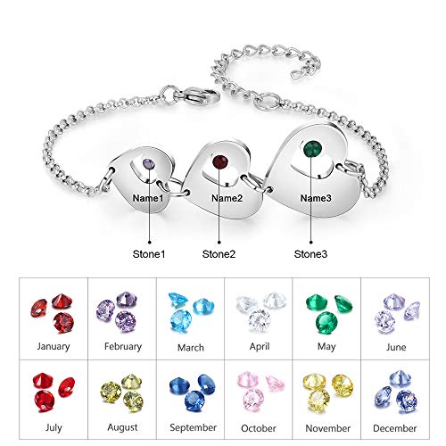 Luxladis Personalized Custom Name Heart Bracelet with 1-6 Birthstones Love Bracelet for Women Engraved Names Link Bracelets for Mother's Day Mom Girls (3 names)