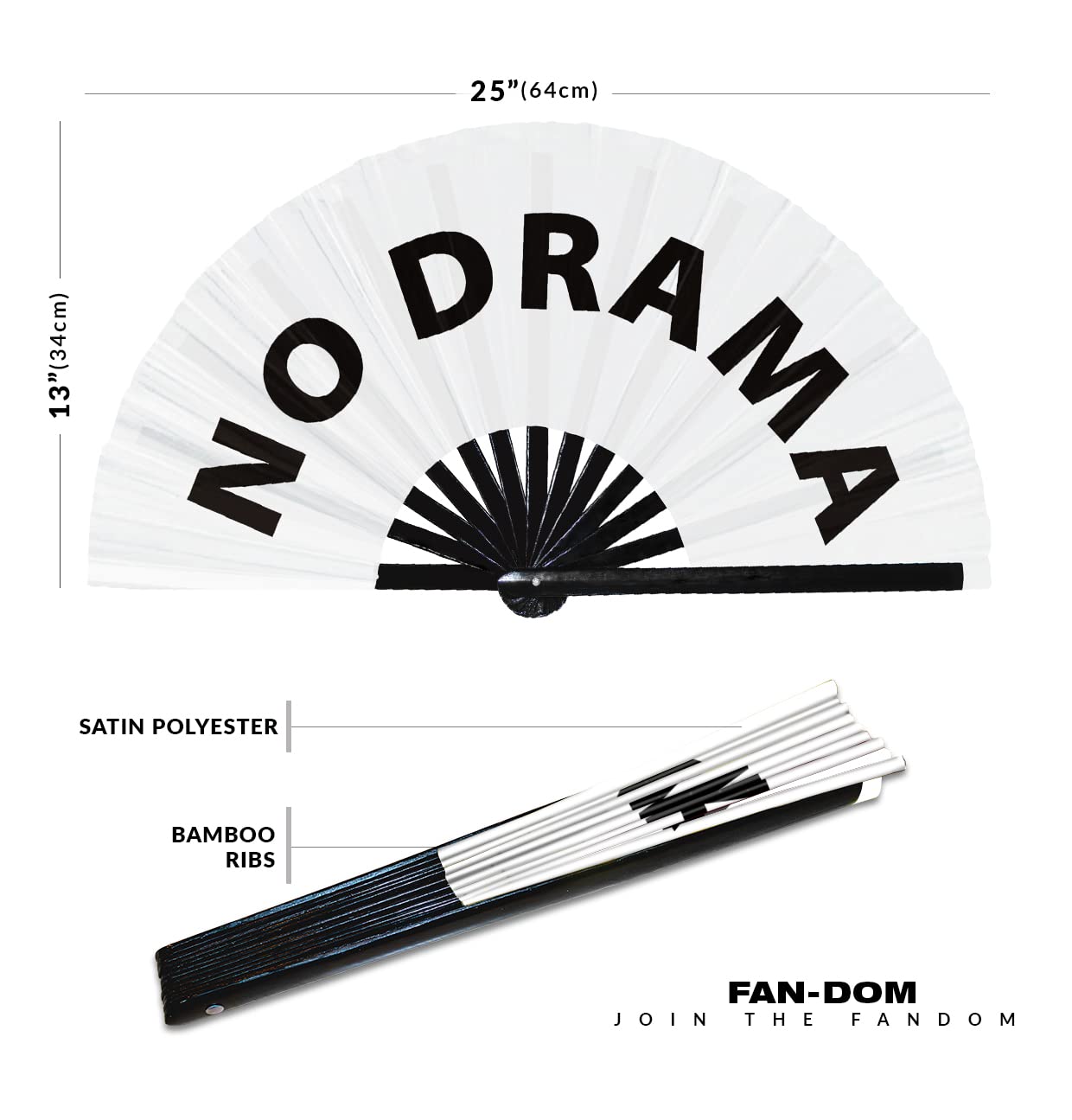 No Drama hand fan foldable bamboo circuit hand fan funny gag slang words expressions statement gifts Festival accessories Rave handheld Circuit event fan Clack fans (White)