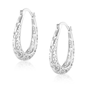 silver filigree hoop earrings for women hollow oval hoop earrings hypoallergenic filigree earrings