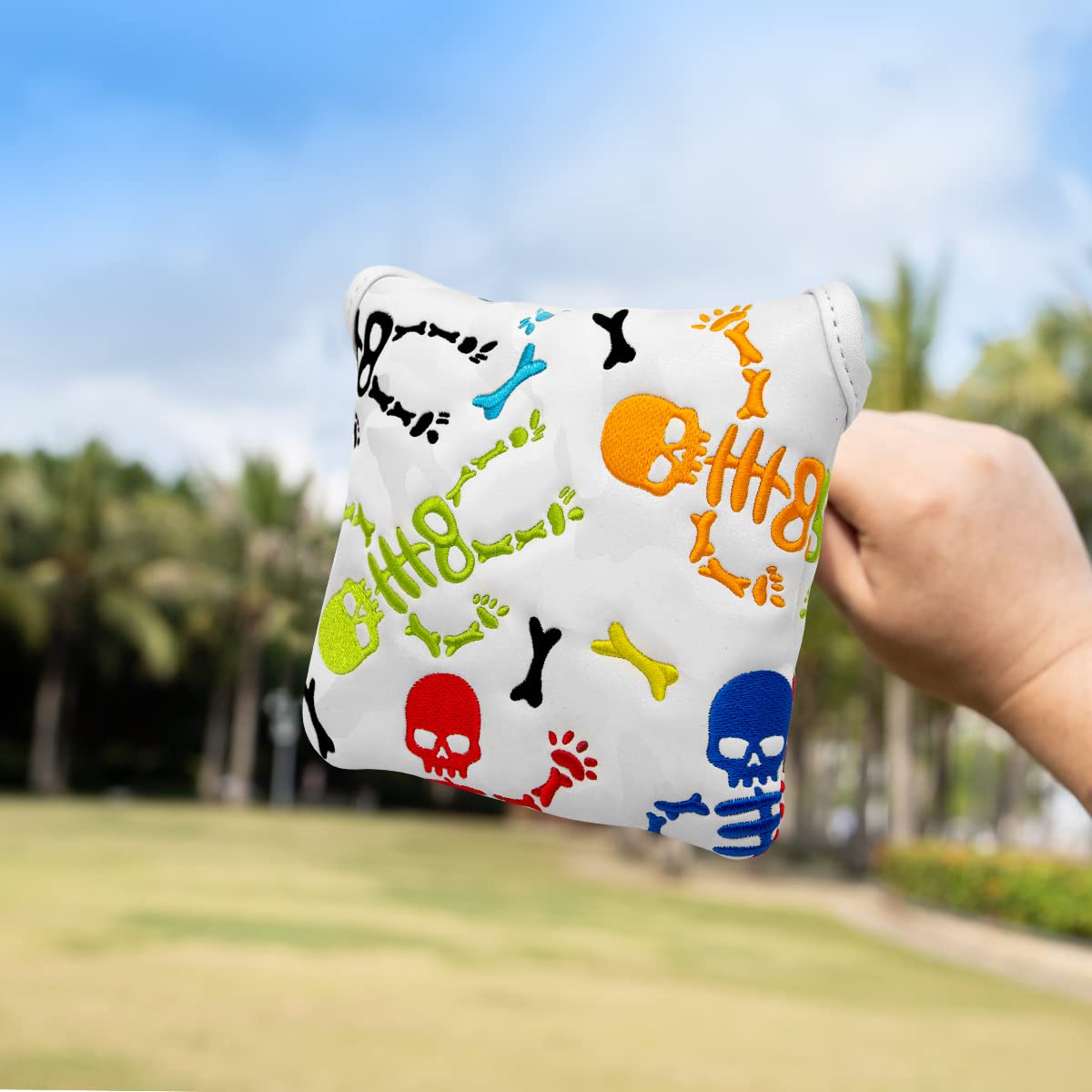 Funny Skeleton Man Golf Square Mallet Putter Cover, Mallet Headcover with Magnetic Closure - 3 Colors Options - Black/Red/White Golf Putter Head Cover (White Base)