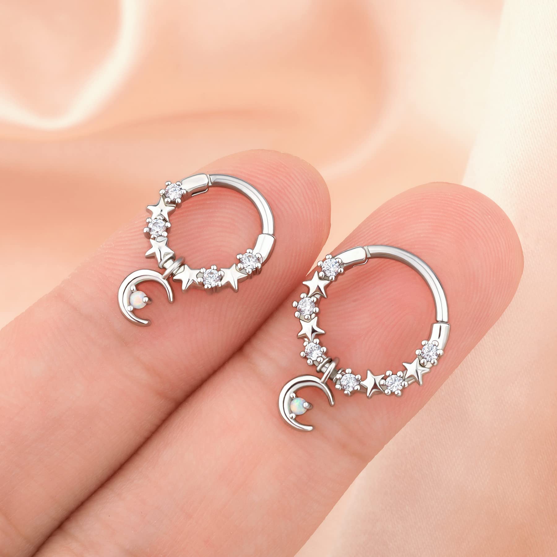 Melighting Septum Rings 16G Moon Septum Jewelry with Opal Clear CZ Surgical Steel 316L Star Helix Earring Dangle Daith Earrings Nose Rings Piercing for Women Men