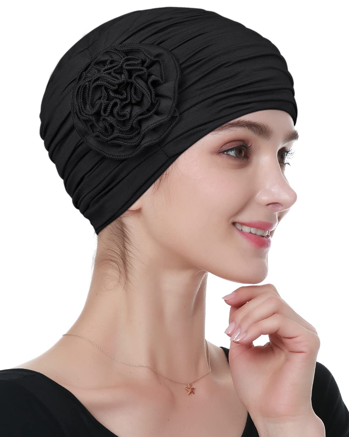 Chemo Headwear for Women Ruffled Head Coverings Black