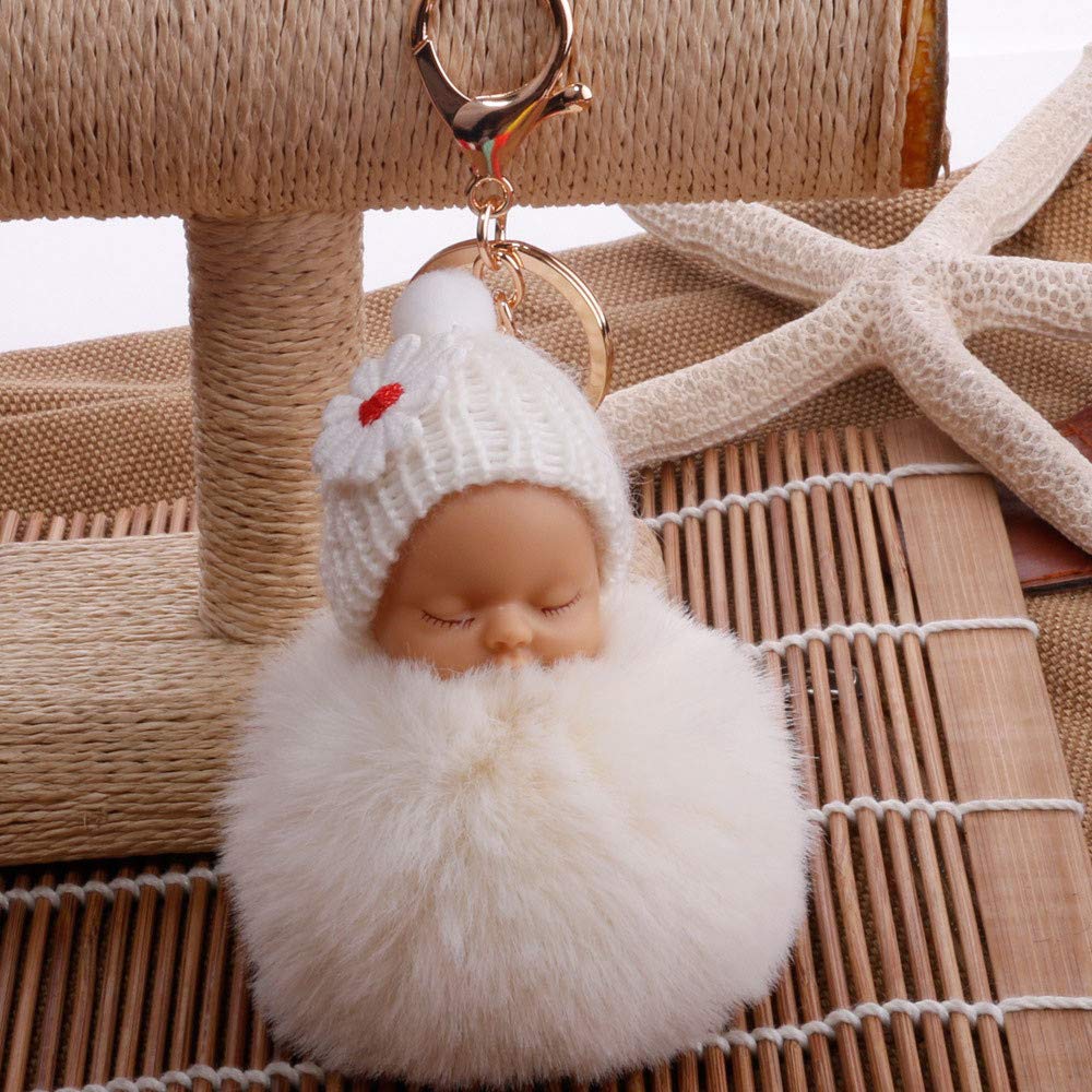 Small Key Clip Doll Baby Sleeping Bags Charm Pendant Keyrings Chains Pompom Cute Key Keychains (Red, One Size)