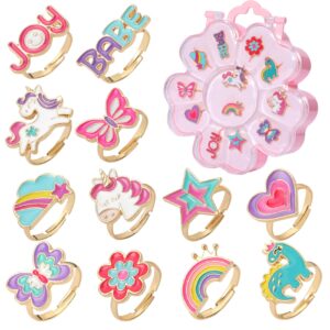 pinksheep rings for kids jewelry for girls unicorn ring rainbow ring butterfly ring 12 pc gift for 4/5/6/7/9/10 years old flower packaging