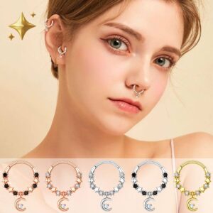 Melighting Septum Rings 16G Moon Septum Jewelry with Opal Clear CZ Surgical Steel 316L Star Helix Earring Dangle Daith Earrings Nose Rings Piercing for Women Men