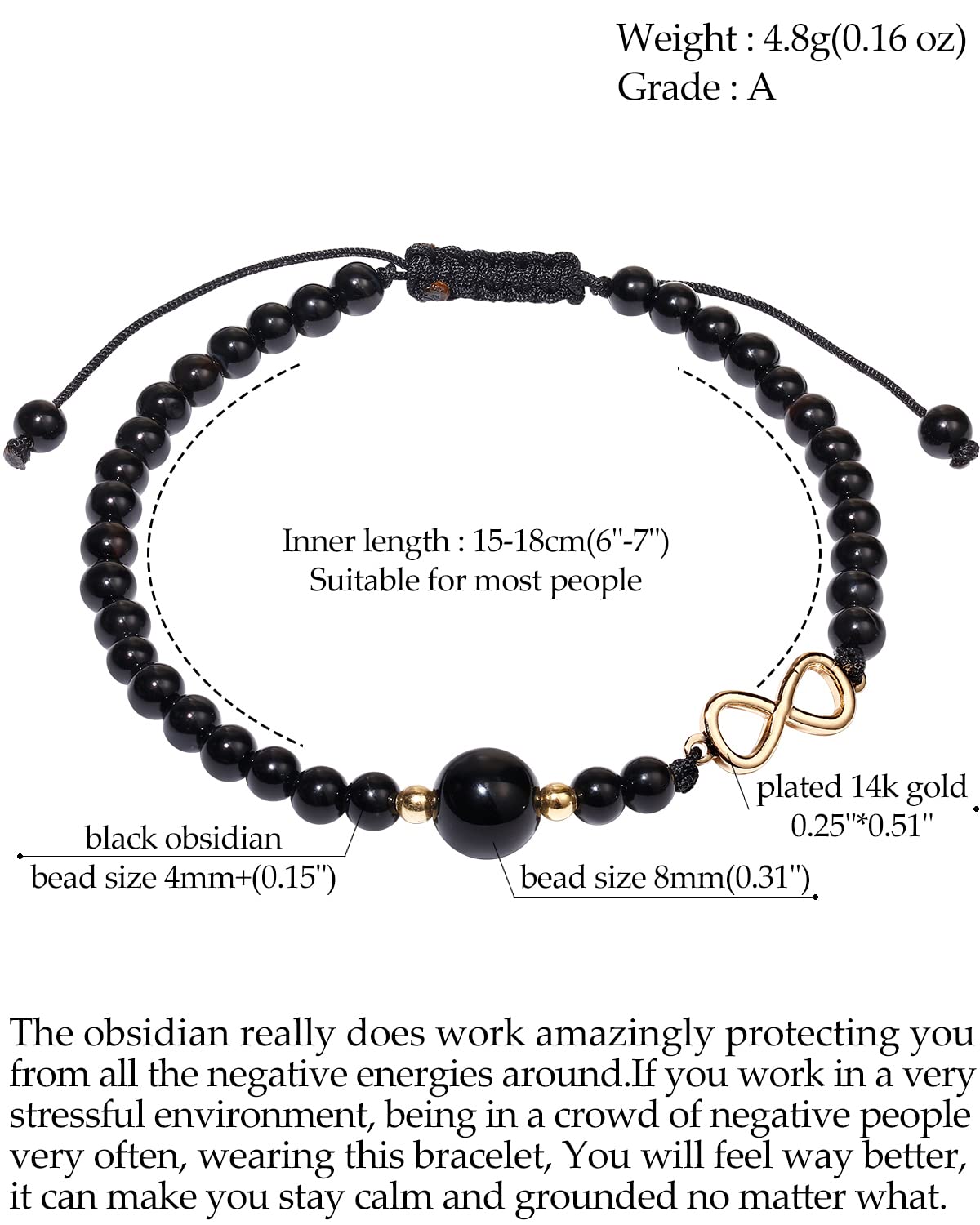 Jewever Natural Crystals and Gemstones Infinity Charm Bracelet for Women Worry Stone Beaded Friendship Bracelets Adjustable (Black Obsidian)